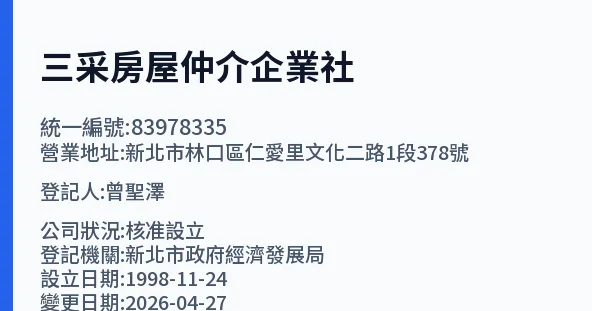 三采房屋仲介企業社的照片-統編 83978335(新北市) 公司登記資料與營業項目詳細圖表