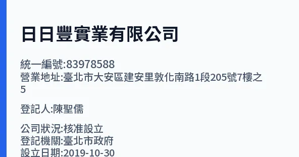 日日豐實業有限公司的照片-統編 83978588(臺北市) 公司登記資料與營業項目詳細圖表