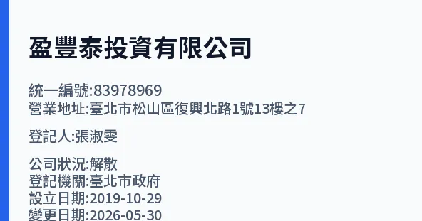 盈豐泰投資有限公司的照片-統編 83978969(臺北市) 公司登記資料與營業項目詳細圖表