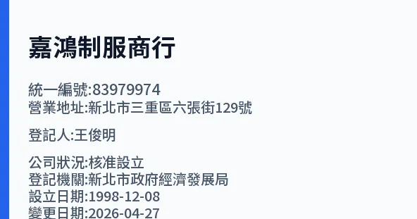 嘉鴻制服商行的照片-統編 83979974(新北市) 公司登記資料與營業項目詳細圖表