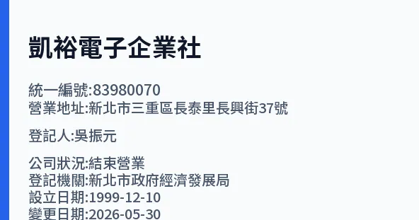 凱裕電子企業社的照片-統編 83980070(新北市) 公司登記資料與營業項目詳細圖表