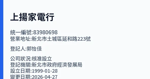 上揚家電行的照片-統編 83980698(新北市) 公司登記資料與營業項目詳細圖表