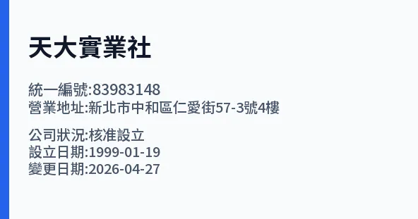 天大實業社的照片-統編 83983148(新北市) 公司登記資料與營業項目詳細圖表
