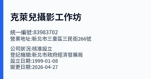 克萊兒攝影工作坊的照片-統編 83983702(新北市) 公司登記資料與營業項目詳細圖表