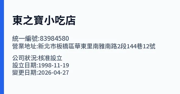 東之寶小吃店的照片-統編 83984580(新北市) 公司登記資料與營業項目詳細圖表