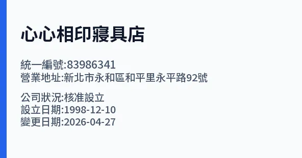 心心相印寢具店的照片-統編 83986341(新北市) 公司登記資料與營業項目詳細圖表