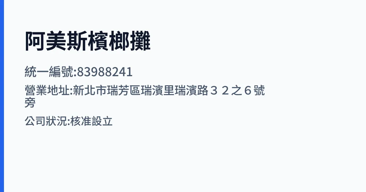 阿美斯檳榔攤 - 統編 83988241(新北市) 公司登記資料與營業項目詳細圖表