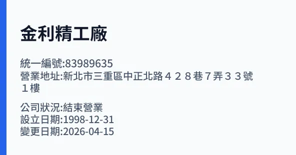 金利精工廠的照片-統編 83989635(新北市) 公司登記資料與營業項目詳細圖表
