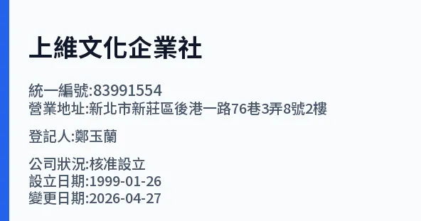 上維文化企業社的照片-統編 83991554(新北市) 公司登記資料與營業項目詳細圖表