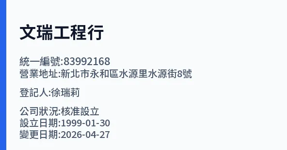 文瑞工程行的照片-統編 83992168(新北市) 公司登記資料與營業項目詳細圖表