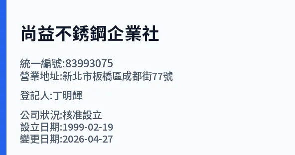 尚益不銹鋼企業社的照片-統編 83993075(新北市) 公司登記資料與營業項目詳細圖表