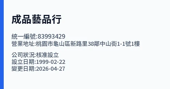 成品藝品行的照片-統編 83993429(桃園市) 公司登記資料與營業項目詳細圖表