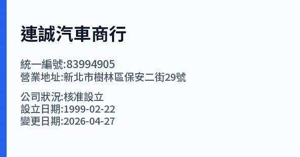 連誠汽車商行的照片-統編 83994905(新北市) 公司登記資料與營業項目詳細圖表