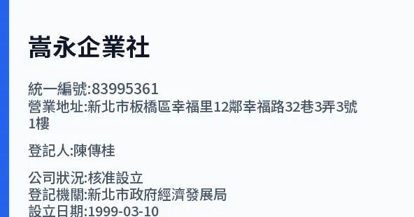 嵩永企業社的照片-統編 83995361(新北市) 公司登記資料與營業項目詳細圖表