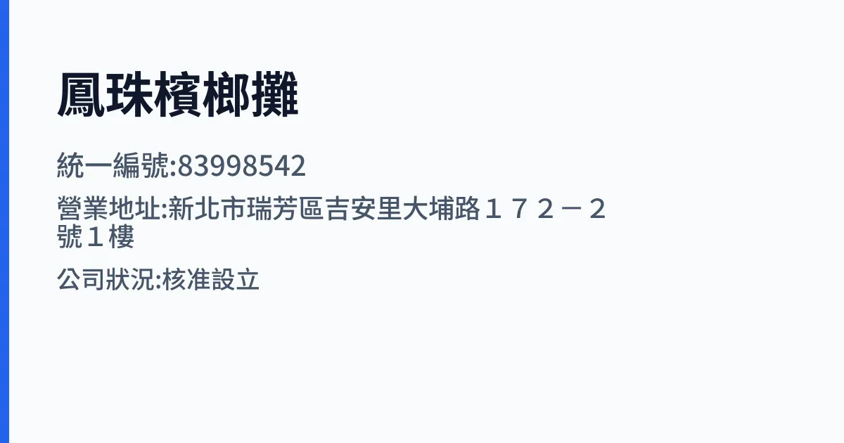 鳳珠檳榔攤 - 統編 83998542(新北市) 公司登記資料與營業項目詳細圖表