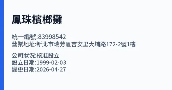 鳳珠檳榔攤的照片-統編 83998542(新北市) 公司登記資料與營業項目詳細圖表