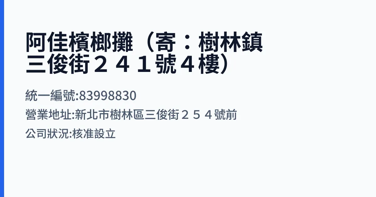 阿佳檳榔攤(寄:樹林鎮三俊街241號4樓) - 統編 83998830(新北市) 公司登記資料與營業項目詳細圖表