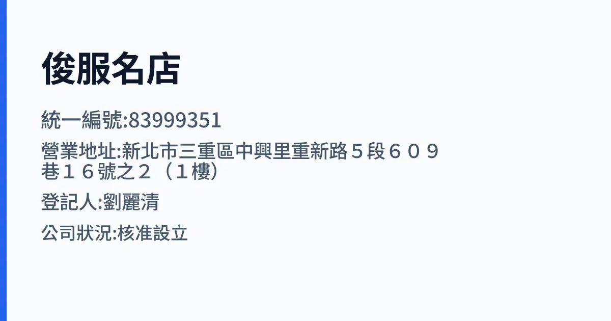 俊服名店 - 統編 83999351(新北市) 公司登記資料與營業項目詳細圖表