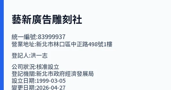 藝新廣告雕刻社的照片-統編 83999937(新北市) 公司登記資料與營業項目詳細圖表