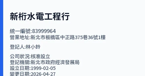 新桁水電工程行的照片-統編 83999964(新北市) 公司登記資料與營業項目詳細圖表