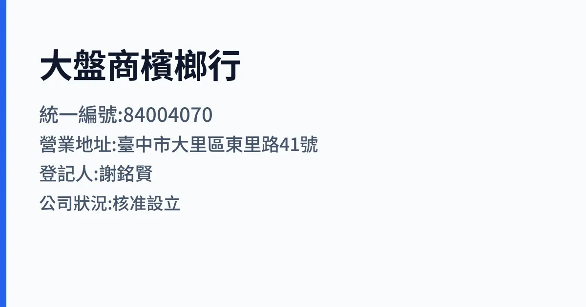 大盤商檳榔行 - 統編 84004070（臺中市） 公司登記資料與營業項目詳細圖表