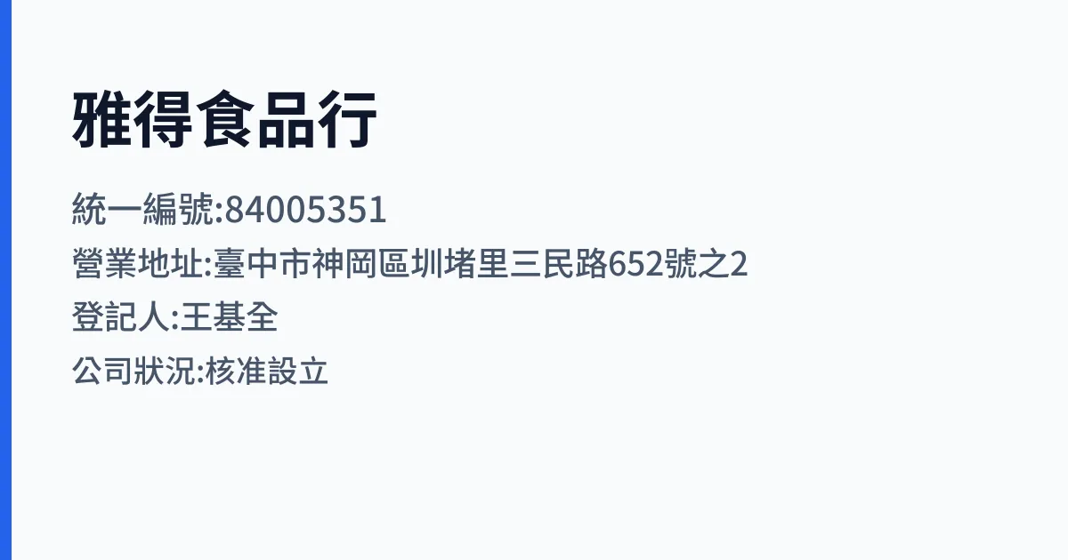 雅得食品行 - 統編 84005351(臺中市) 公司登記資料與營業項目詳細圖表