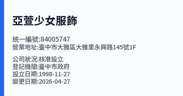 亞萱少女服飾的照片-統編 84005747(臺中市) 公司登記資料與營業項目詳細圖表