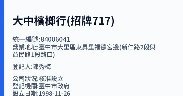 大中檳榔行(招牌717)的照片-統編 84006041(臺中市) 公司登記資料與營業項目詳細圖表