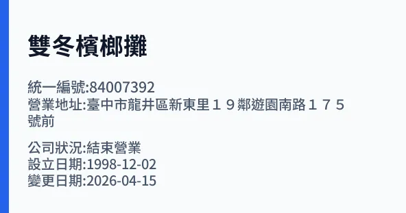雙冬檳榔攤的照片-統編 84007392(臺中市) 公司登記資料與營業項目詳細圖表