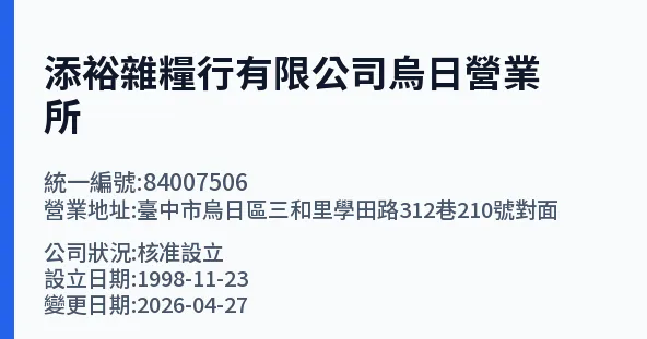 添裕雜糧行有限公司烏日營業所的照片-統編 84007506(臺中市) 公司登記資料與營業項目詳細圖表