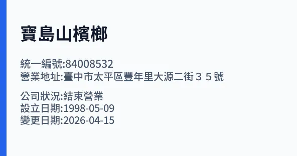 寶島山檳榔的照片-統編 84008532(臺中市) 公司登記資料與營業項目詳細圖表