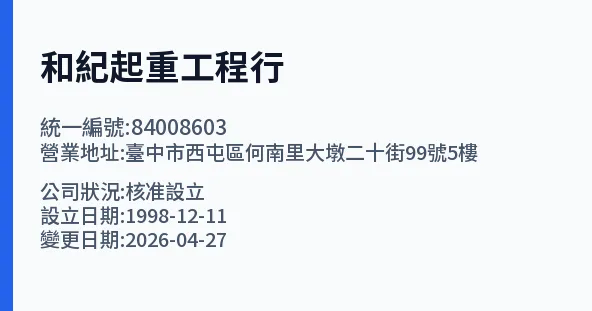 和紀起重工程行的照片-統編 84008603(臺中市) 公司登記資料與營業項目詳細圖表