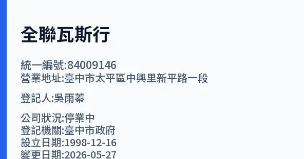 全聯瓦斯行的照片-統編 84009146(臺中市) 公司登記資料與營業項目詳細圖表