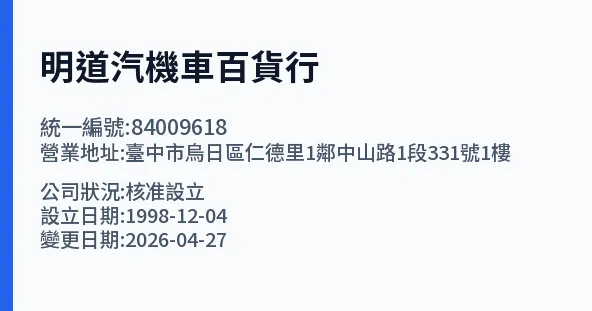 明道汽機車百貨行的照片-統編 84009618(臺中市) 公司登記資料與營業項目詳細圖表