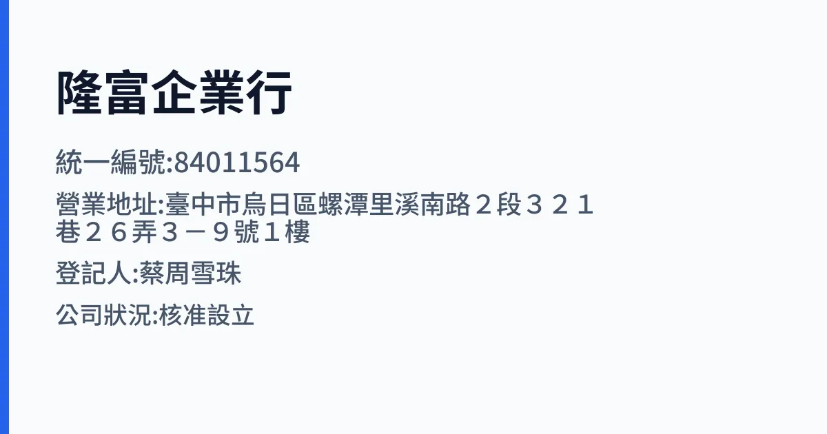 隆富企業行 - 統編 84011564(臺中市) 公司登記資料與營業項目詳細圖表