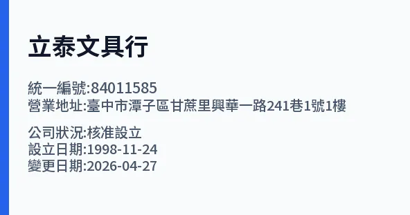 立泰文具行的照片-統編 84011585(臺中市) 公司登記資料與營業項目詳細圖表