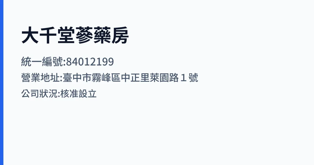 大千堂蔘藥房 - 統編 84012199(臺中市) 公司登記資料與營業項目詳細圖表