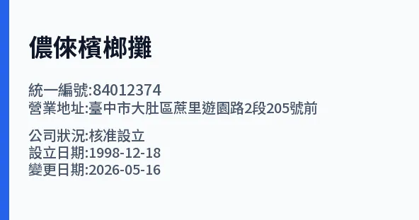 儂倈檳榔攤的照片-統編 84012374(臺中市) 公司登記資料與營業項目詳細圖表