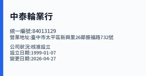 中泰輪業行的照片-統編 84013129(臺中市) 公司登記資料與營業項目詳細圖表