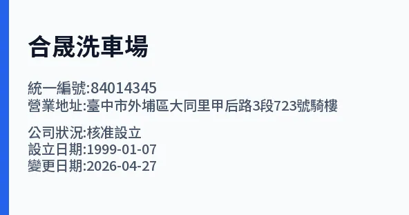 合晟洗車場的照片-統編 84014345(臺中市) 公司登記資料與營業項目詳細圖表