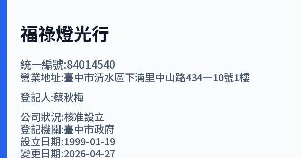 福祿燈光行的照片-統編 84014540(臺中市) 公司登記資料與營業項目詳細圖表