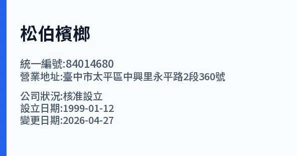 松伯檳榔的照片-統編 84014680(臺中市) 公司登記資料與營業項目詳細圖表