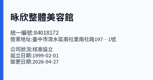 昹欣整體美容館的照片-統編 84018172(臺中市) 公司登記資料與營業項目詳細圖表