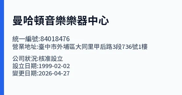 曼哈頓音樂樂器中心的照片-統編 84018476(臺中市) 公司登記資料與營業項目詳細圖表