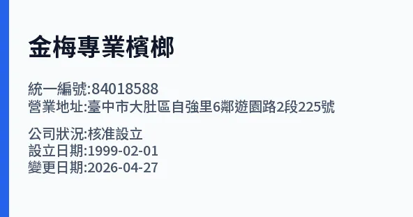 金梅專業檳榔的照片-統編 84018588(臺中市) 公司登記資料與營業項目詳細圖表