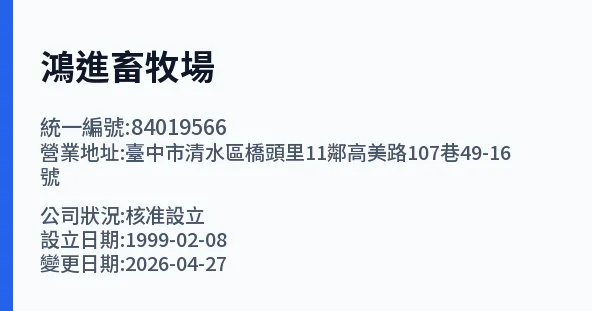 鴻進畜牧場的照片-統編 84019566(臺中市) 公司登記資料與營業項目詳細圖表