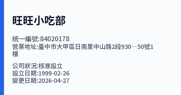 旺旺小吃部的照片-統編 84020178(臺中市) 公司登記資料與營業項目詳細圖表