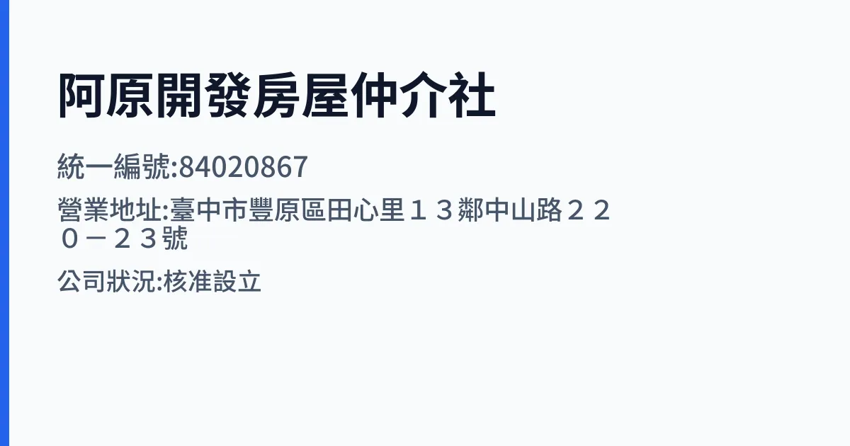 阿原開發房屋仲介社 - 統編 84020867(臺中市) 公司登記資料與營業項目詳細圖表
