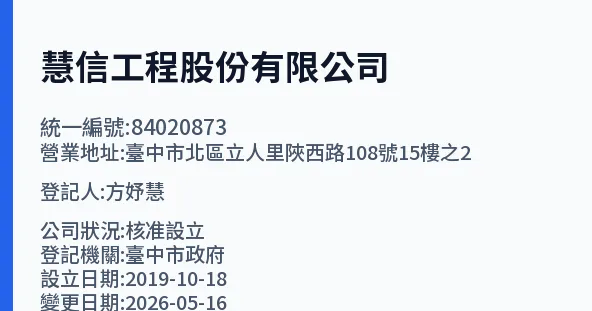 慧信工程股份有限公司的照片-統編 84020873(臺中市) 公司登記資料與營業項目詳細圖表