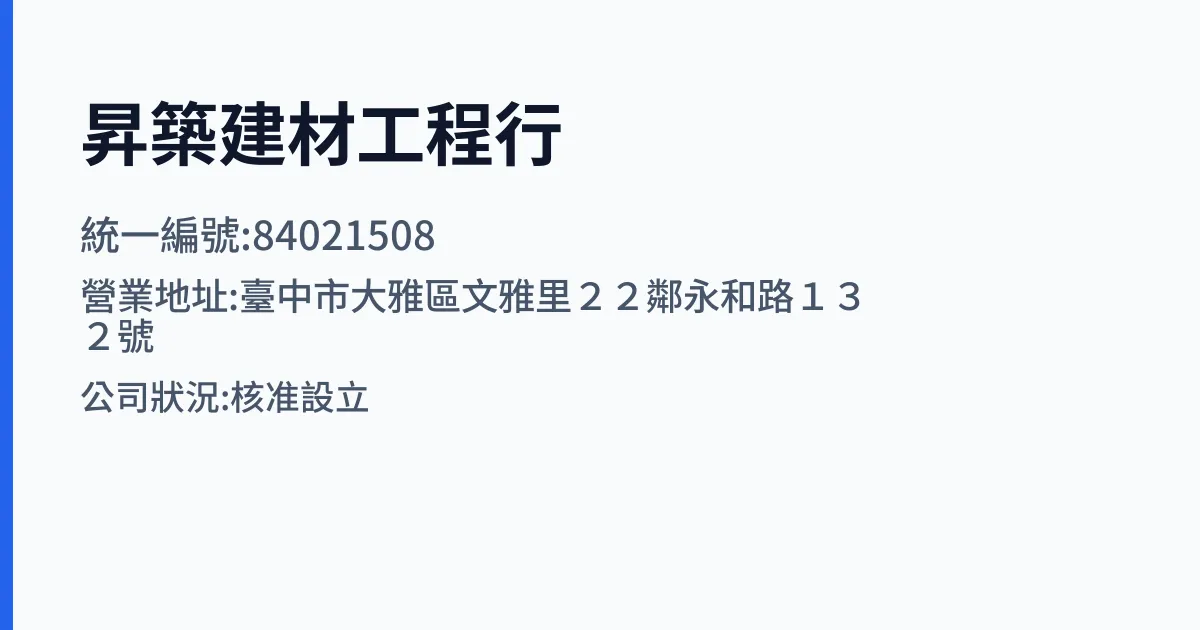昇築建材工程行 - 統編 84021508(臺中市) 公司登記資料與營業項目詳細圖表